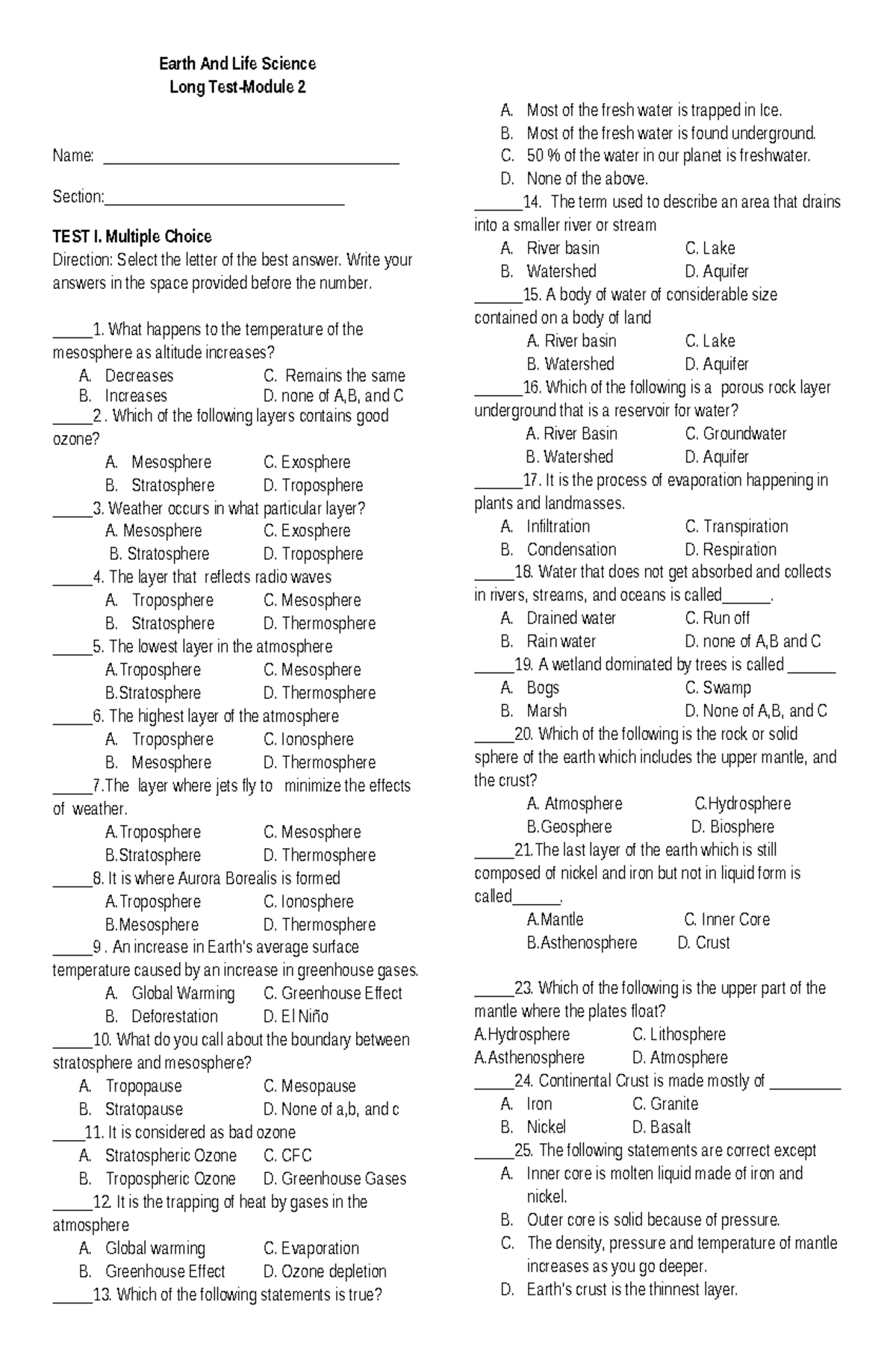 Science 11 Summative Test 2 - Earth And Life Science Long Test-Module 2 ...