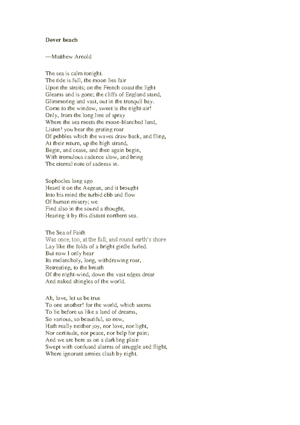 Poems on AP Lit Poetry Unit Test - Dover beach —Matthew Arnold The sea ...