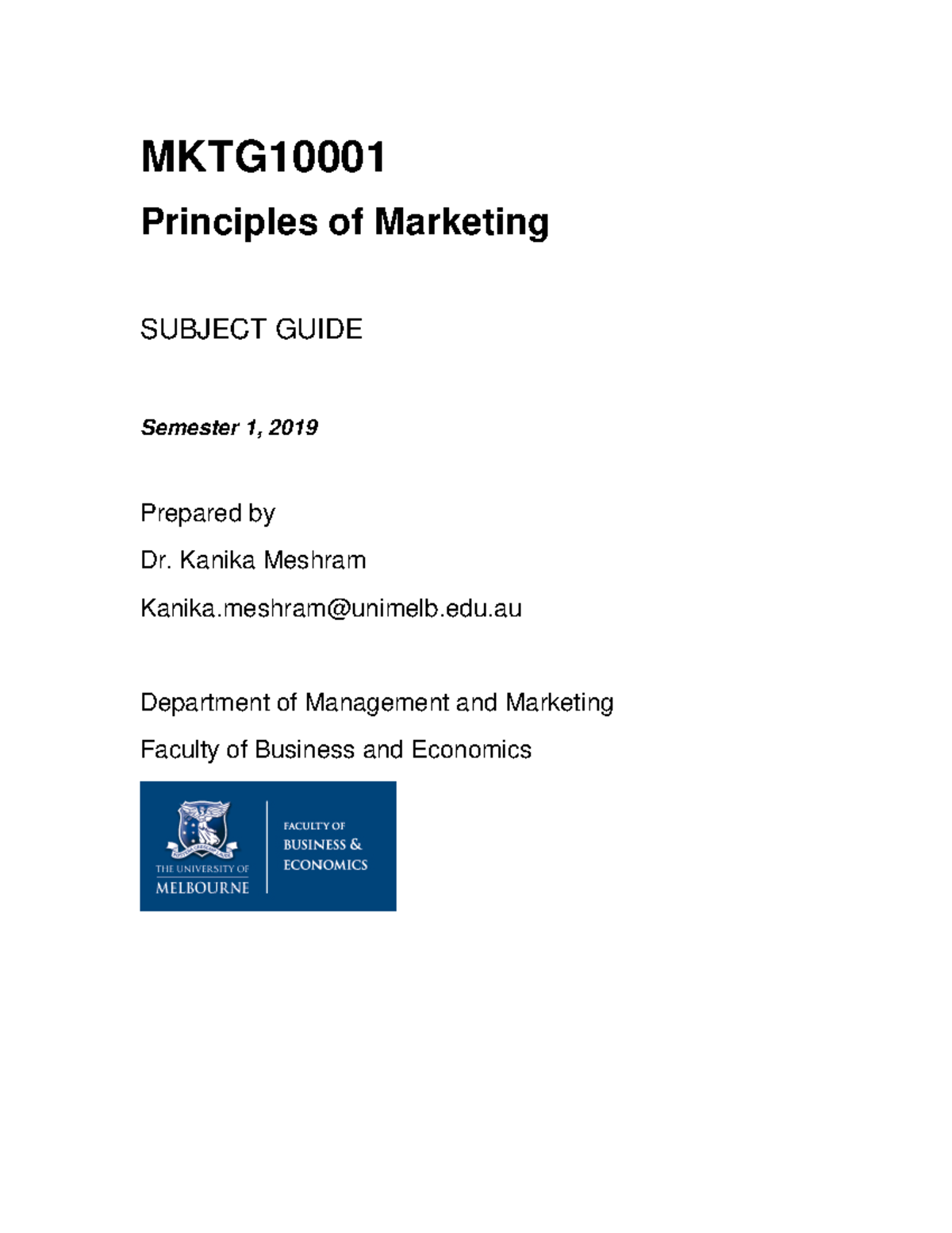 Principles of Marketing - MKTG Principles of Marketing SUBJECT GUIDE ...