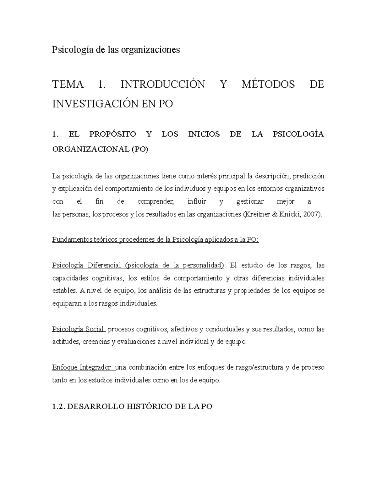 Psicología de las organizaciones - Psicología de las organizaciones TEMA 1. INTRODUCCIÓN Y ...