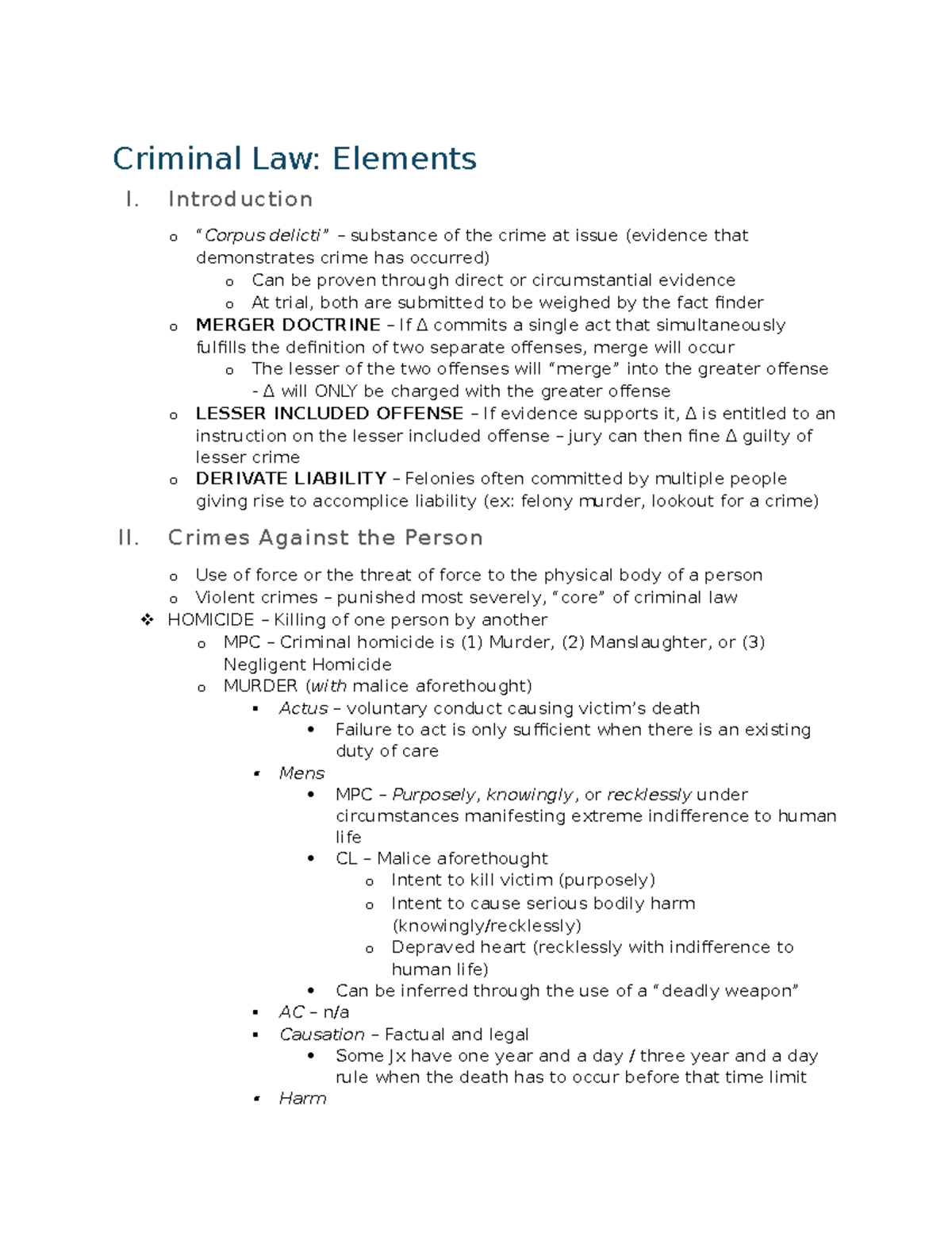Elements Chart - Criminal Law: Elements I. Introduction o “Corpus ...