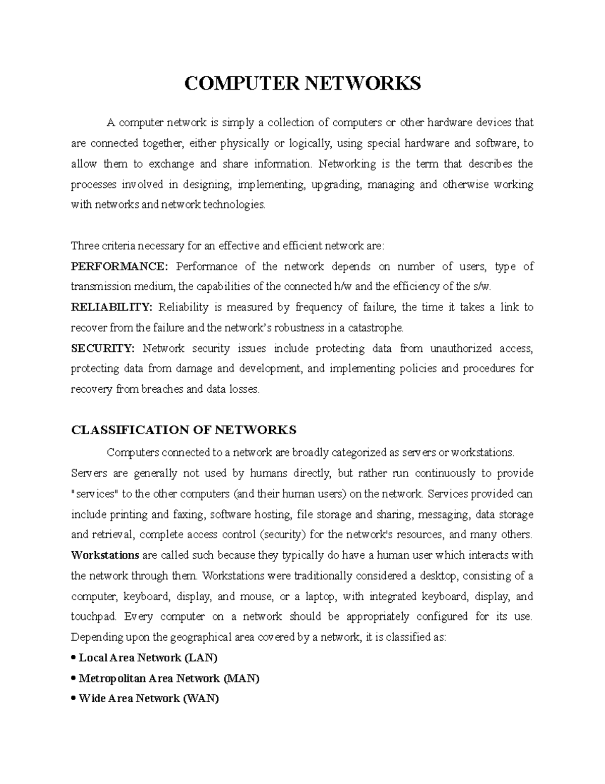 Computer Networks - COMPUTER NETWORKS A computer network is simply a ...