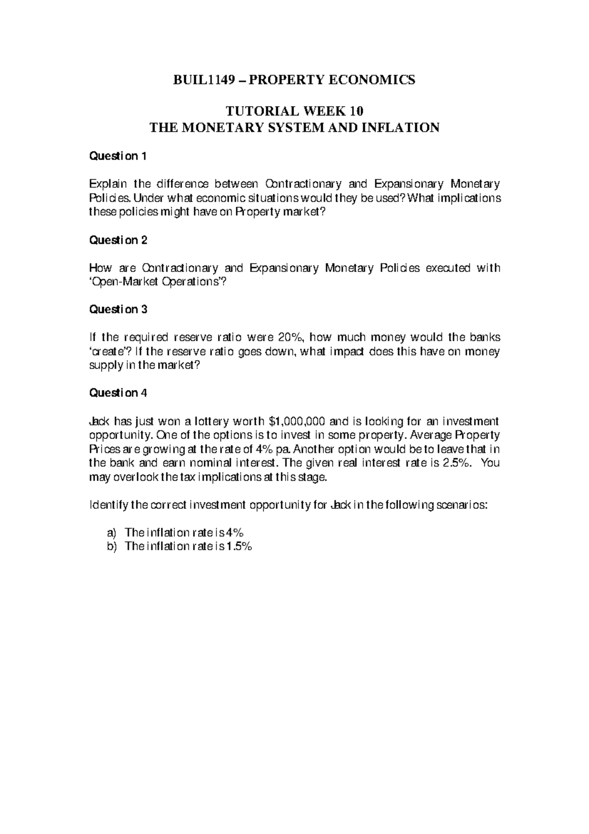 Tutorial Week 10 - BUIL1149 – PROPERTY ECONOMICS TUTORIAL WEEK 10 THE ...