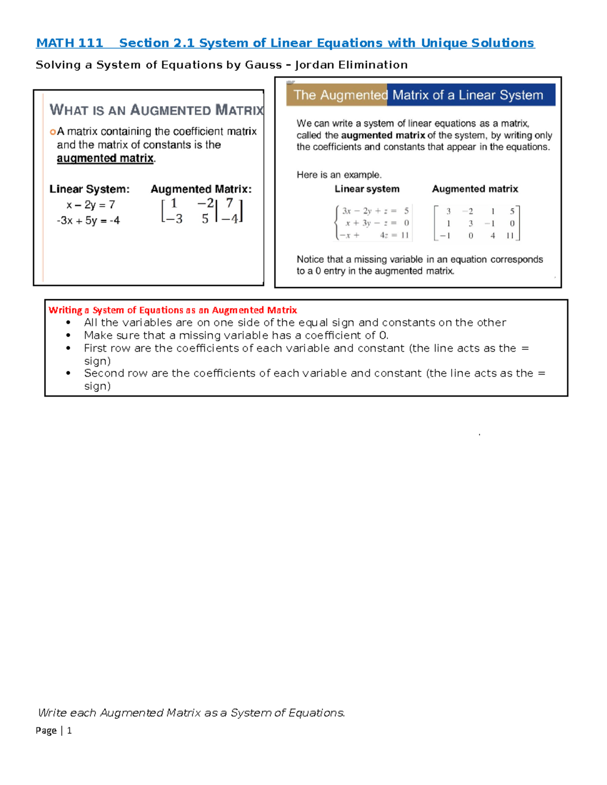 2.1 System of Linear Equations with Unique Solutions - MATH 111 Section ...