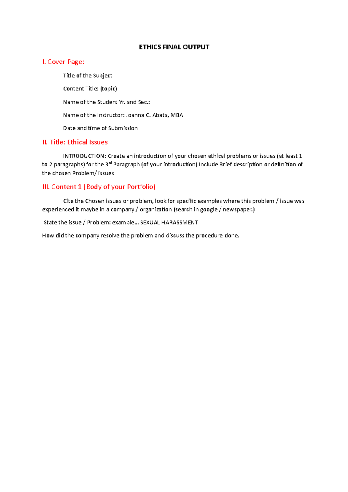 Ethics Final Output - ETHICS FINAL OUTPUT I. Cover Page: Title of the ...