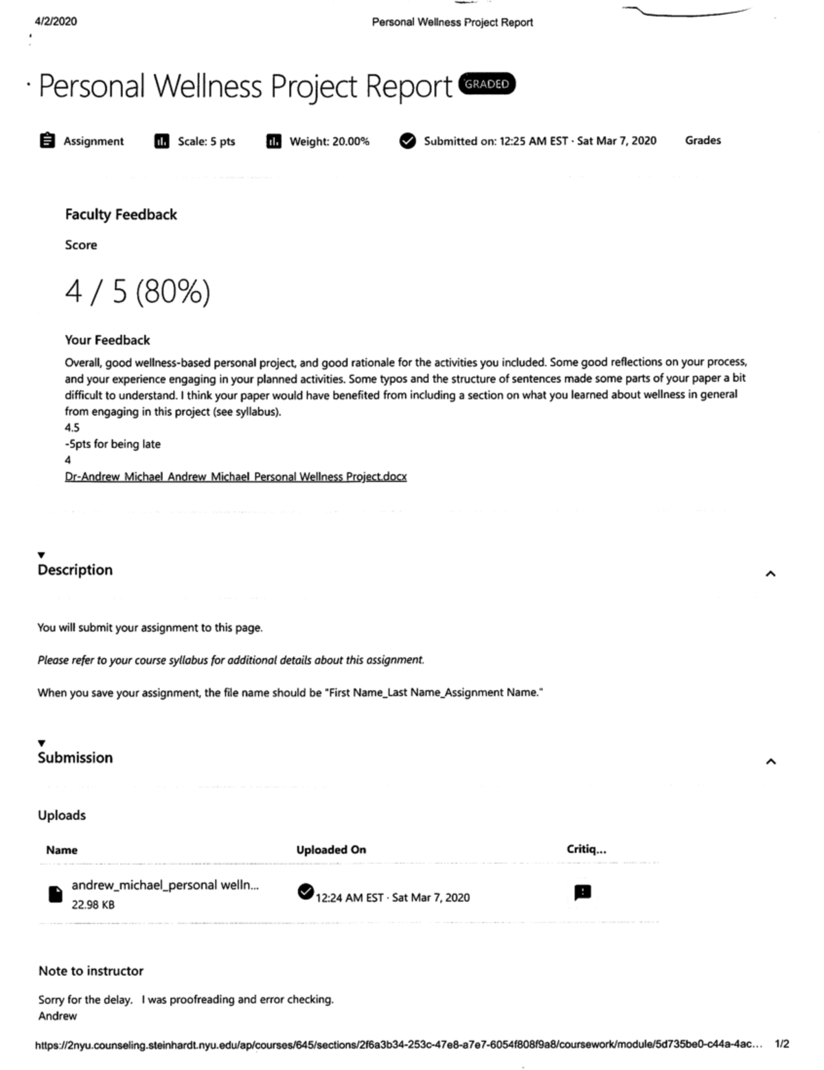 20211124 Personal Wellness Project Report - 4 / 2 / 2 0 2 0 Personal ...