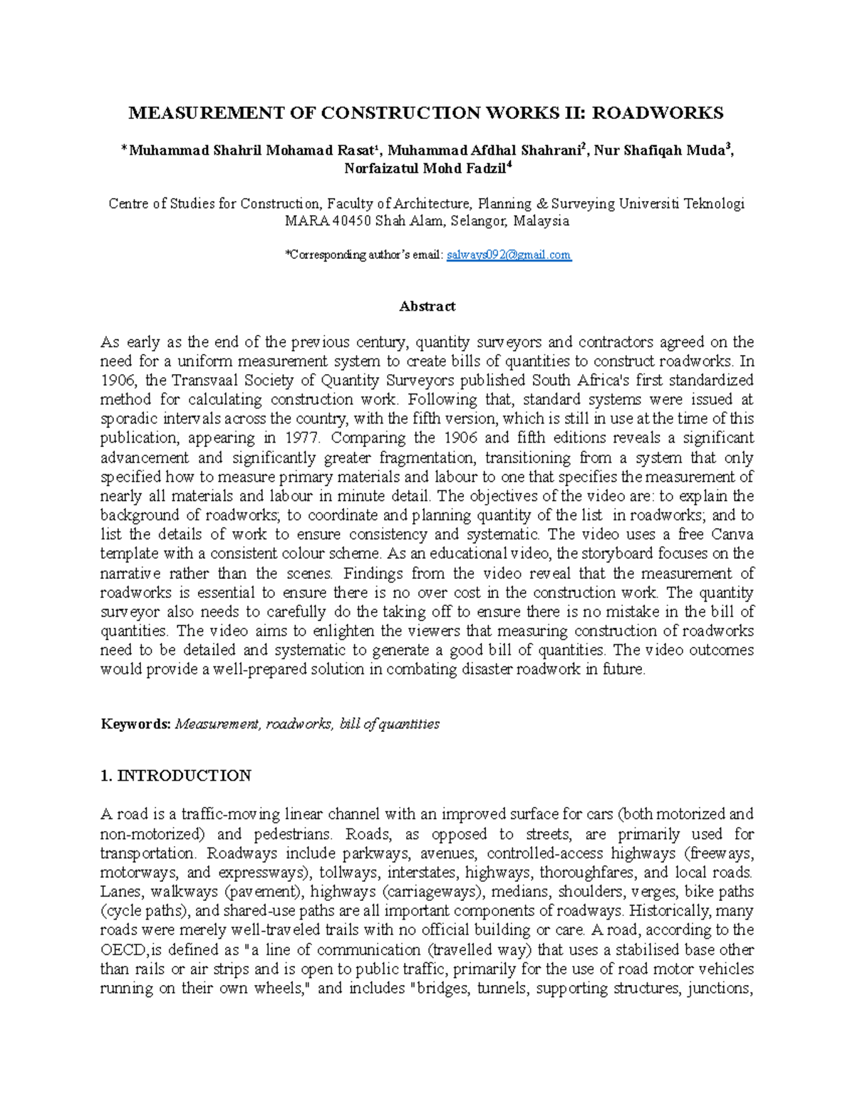 Assignment Measurement OF Roadworks - MEASUREMENT OF CONSTRUCTION WORKS ...