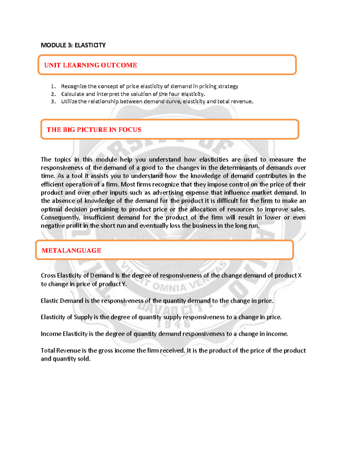 WM Module 3 Elasticities (BASIC MANAGERIAL ECON) - MODULE 3: ELASTICITY Recognize the concept of ...