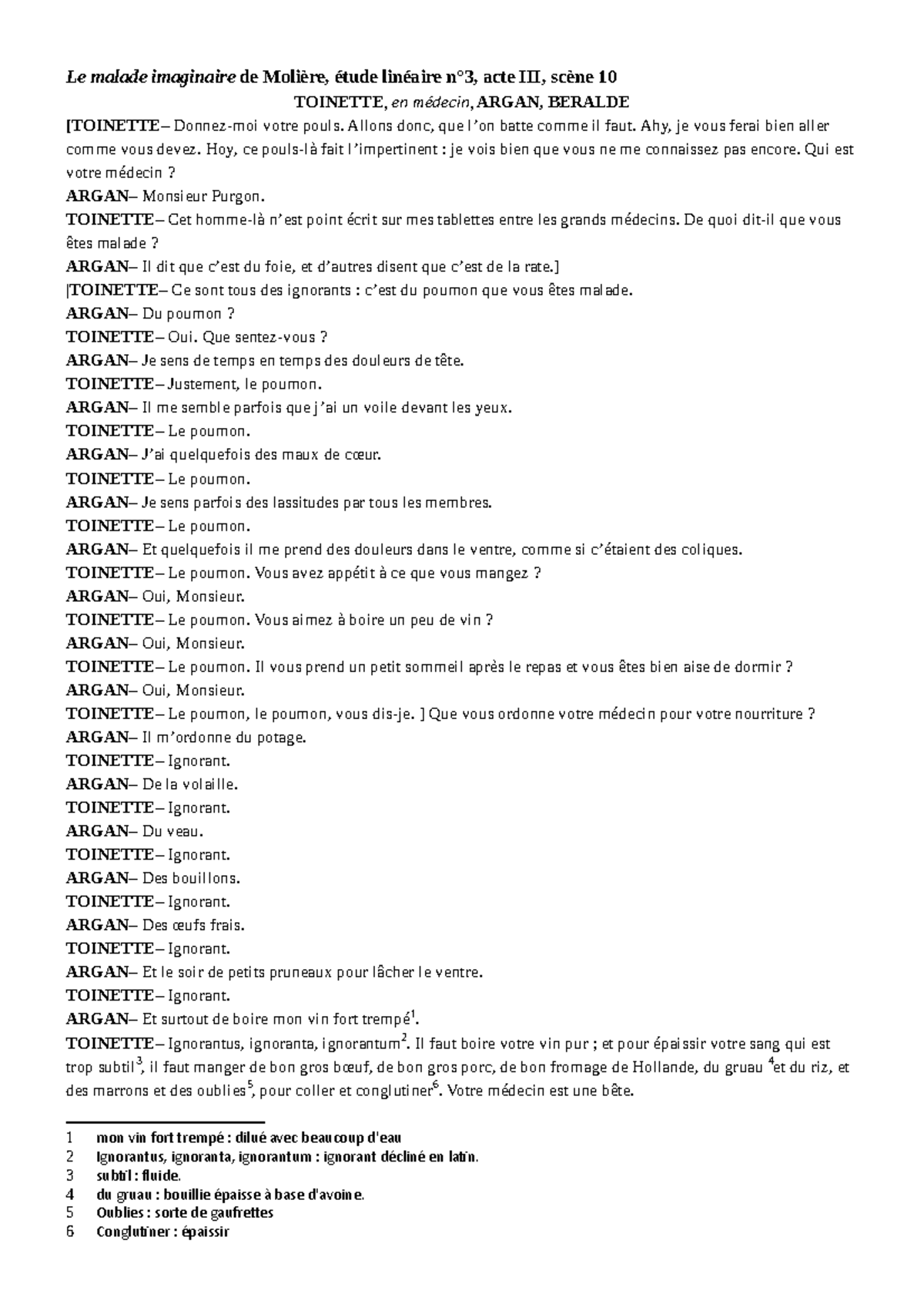 Corrigé étude linéaire n°3 - Le malade imaginaire de Molière, étude ...