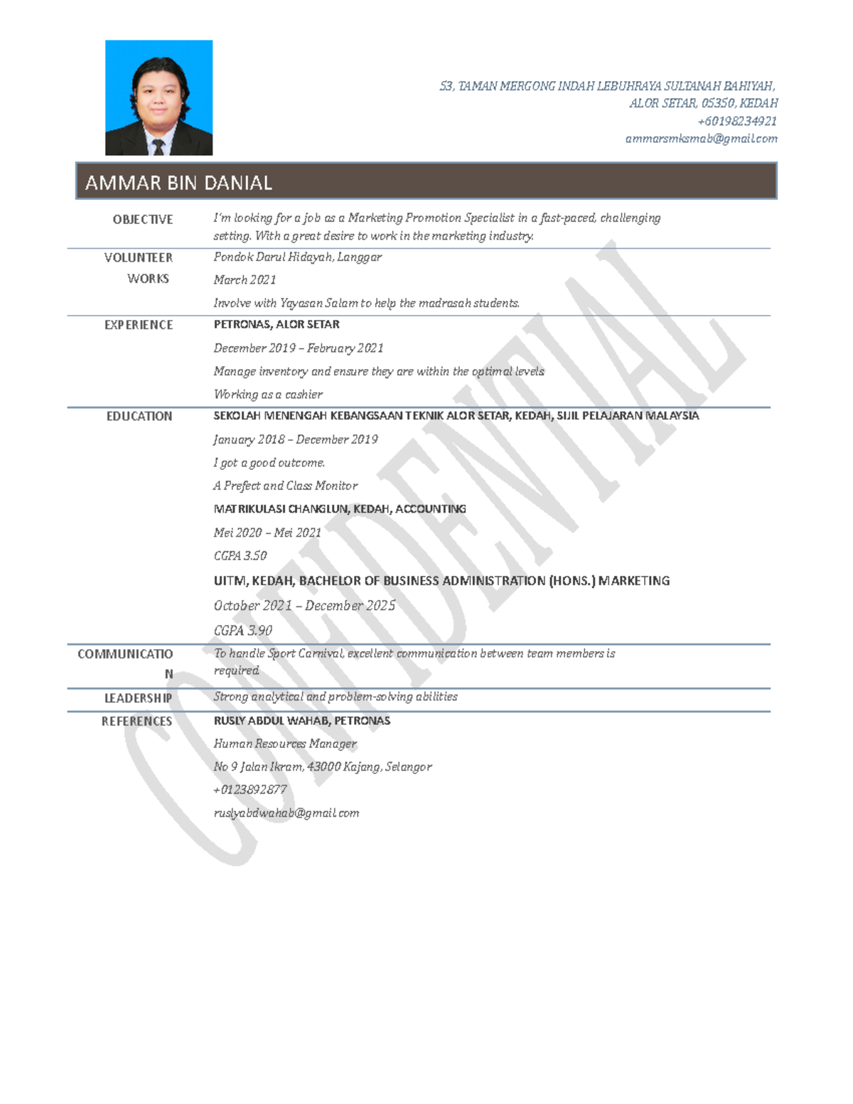 ASM Resume Assignment - ..... - 53, TAMAN MERGONG INDAH LEBUHRAYA SULTANAH BAHIYAH, ALOR SETAR ...