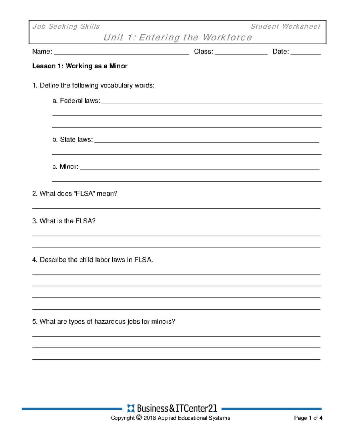 Work - Unit 1: Entering the Workforce Name ...