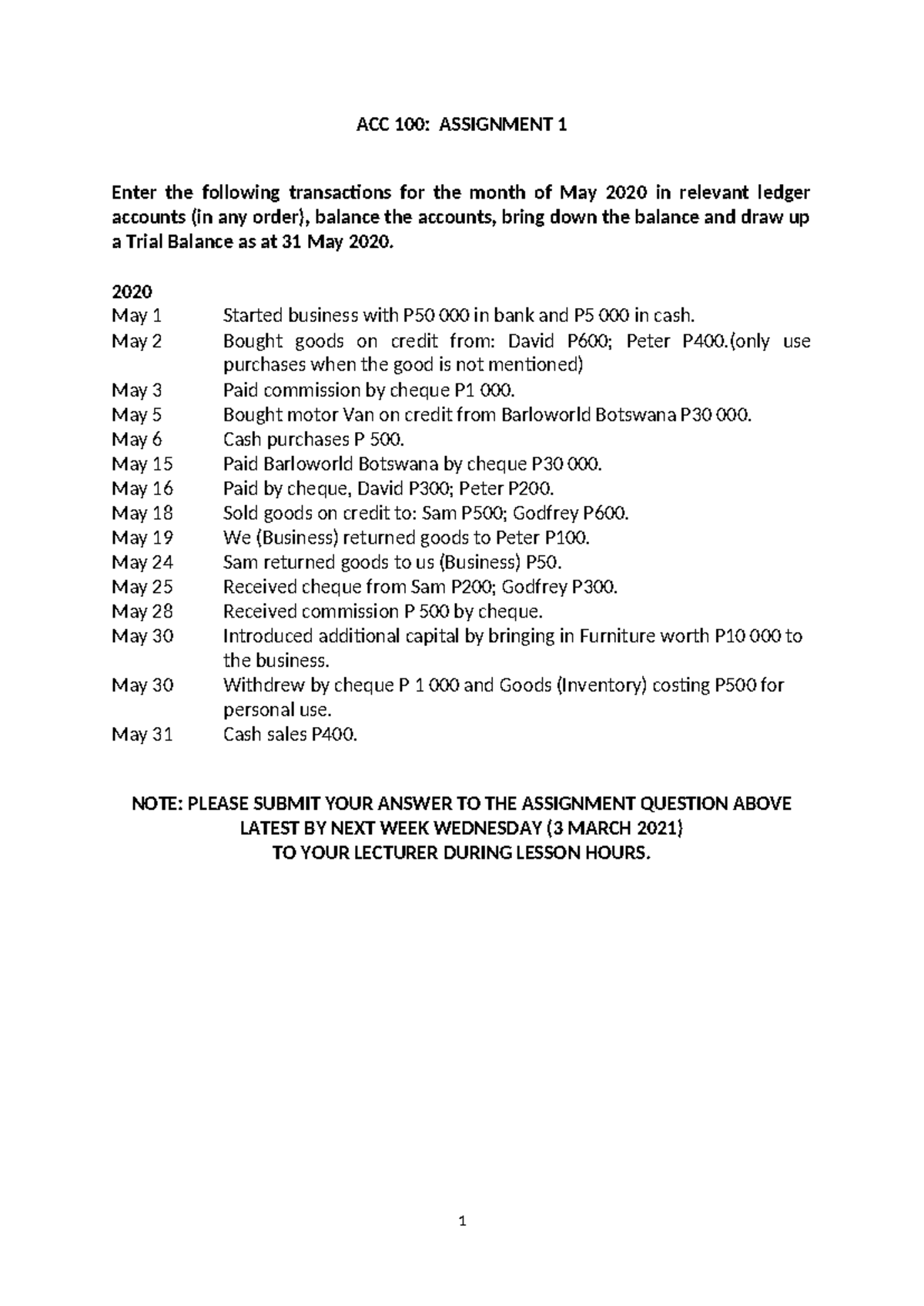 ACC 100 Assignment 1 - Revision - ACC 100: ASSIGNMENT 1 Enter the ...