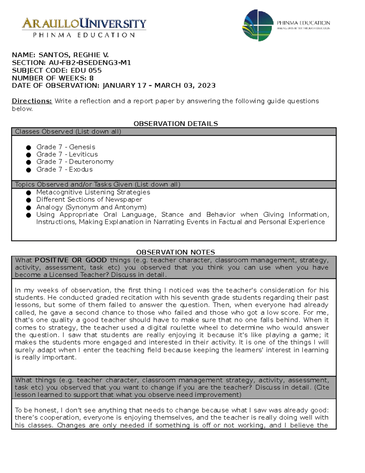 FS Journal - NAME: SANTOS, REGHIE V. SECTION: AU-FB2-BSEDENG3-M SUBJECT ...