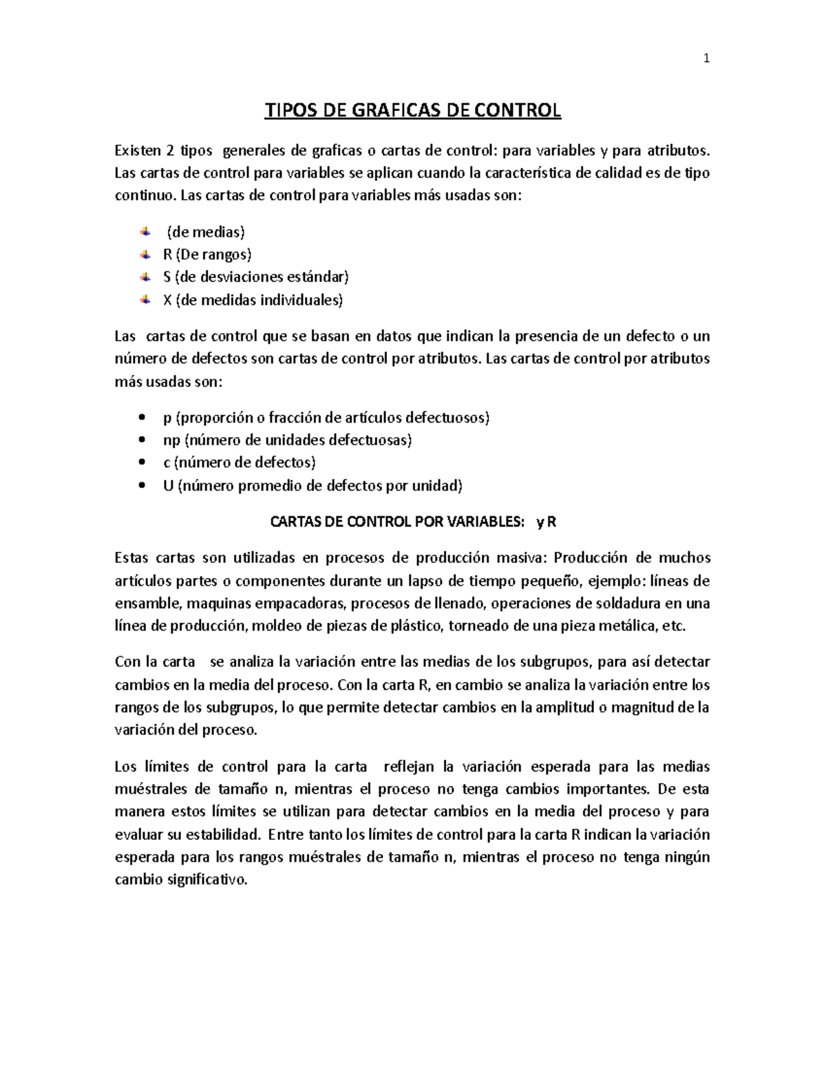 Cartas para medias y rangos - TIPOS DE GRAFICAS DE CONTROL Existen 2 ...