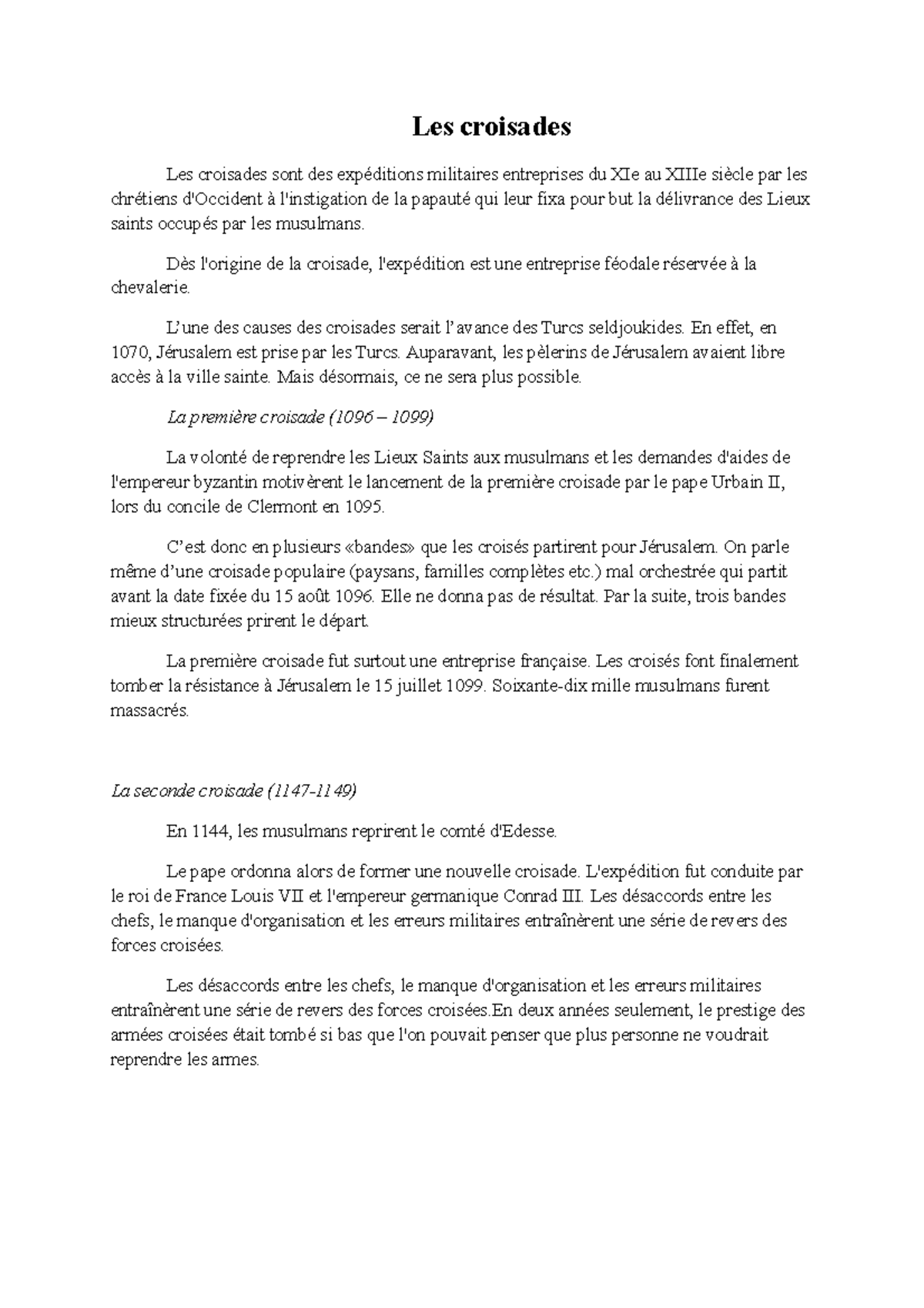Les croisades - Lecture notes 1 - Les croisades Les croisades sont des ...