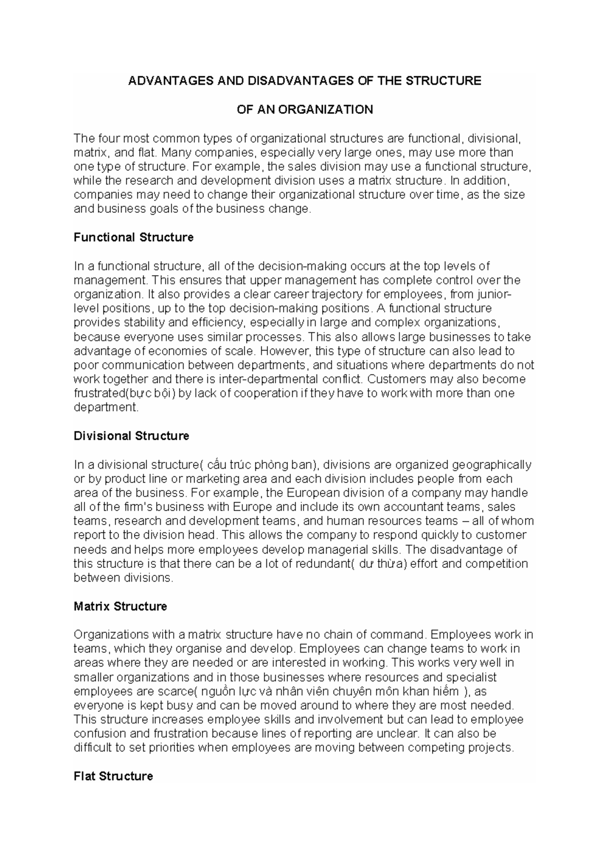 Advantages AND Disadvantages OF THE Structure - ADVANTAGES AND DISADVANTAGES OF THE STRUCTURE OF ...