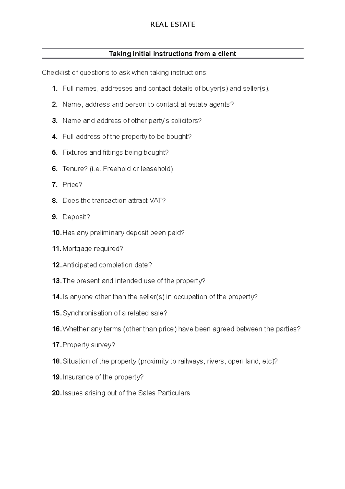 Checklist Taking Instructions Unit 1 - REAL ESTATE Taking initial ...
