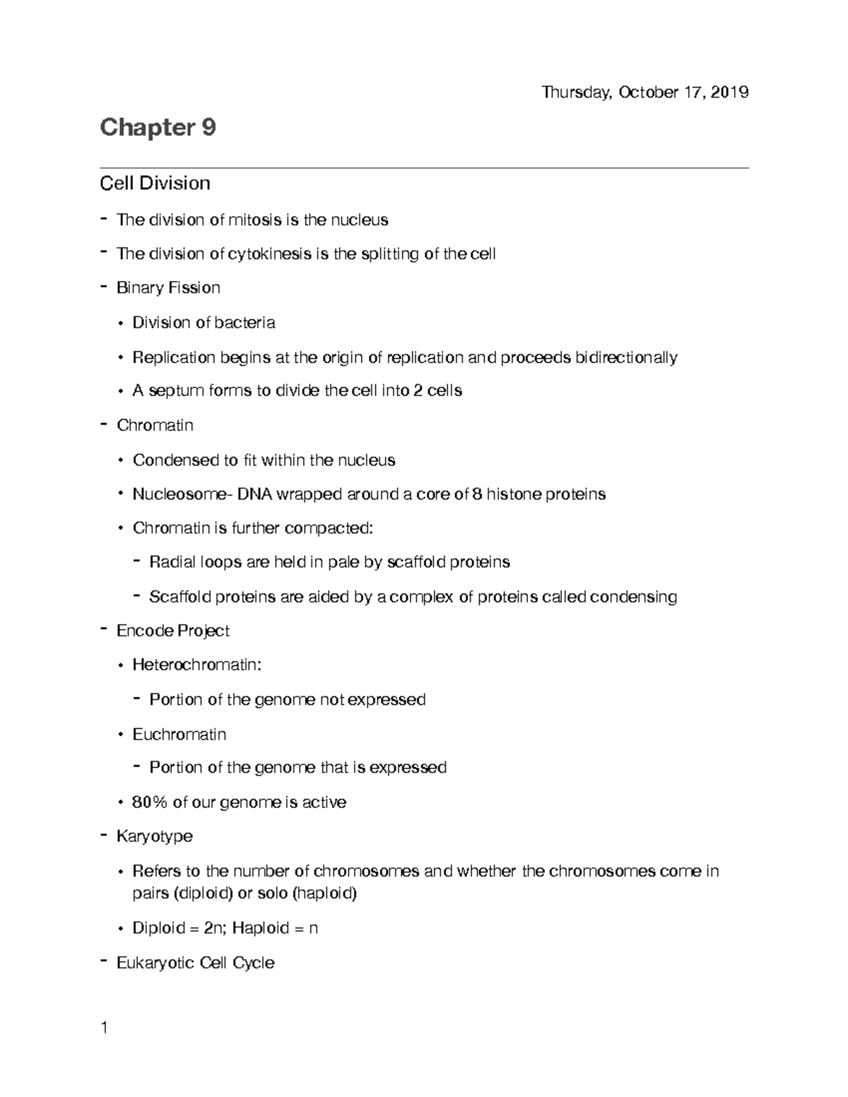 Chapter 9 - Thursday, October 17, 2019 Chapter 9 Cell Division - The ...
