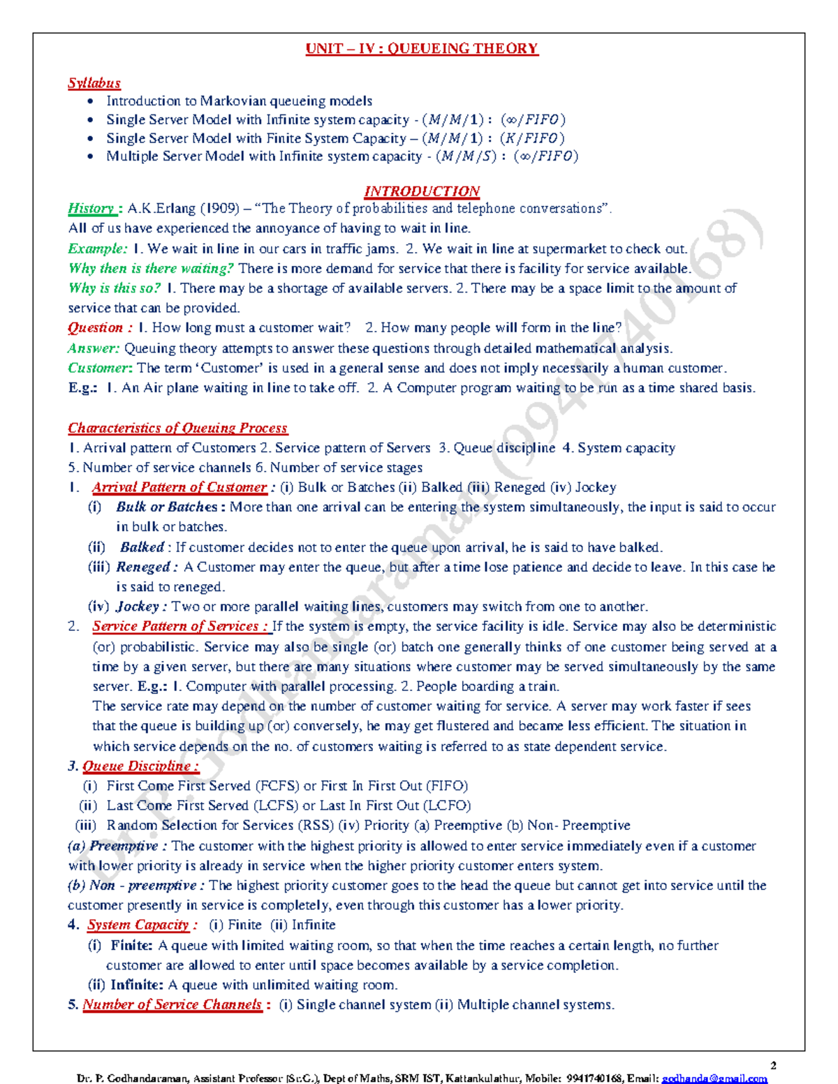 Unit4and5 Notes 2 Unit Iv Queueing Theory Syllabus Introduction