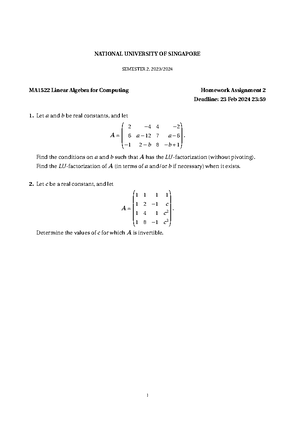 MA1522 AY2324 Sem1 Solution - National University of Singapore MA1522 - Linear Algebra for ...