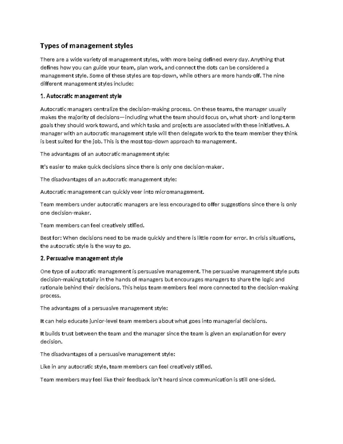 Types of management styles - Types of management styles There are a ...