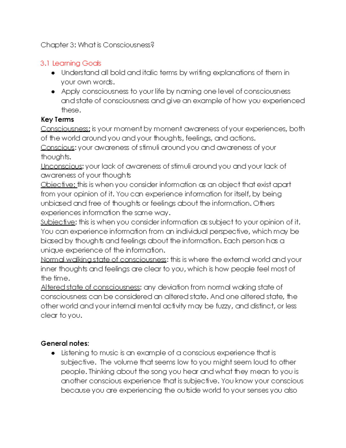 Chapter 3 psych outline - Chapter 3: What is Consciousness? 3 Learning ...