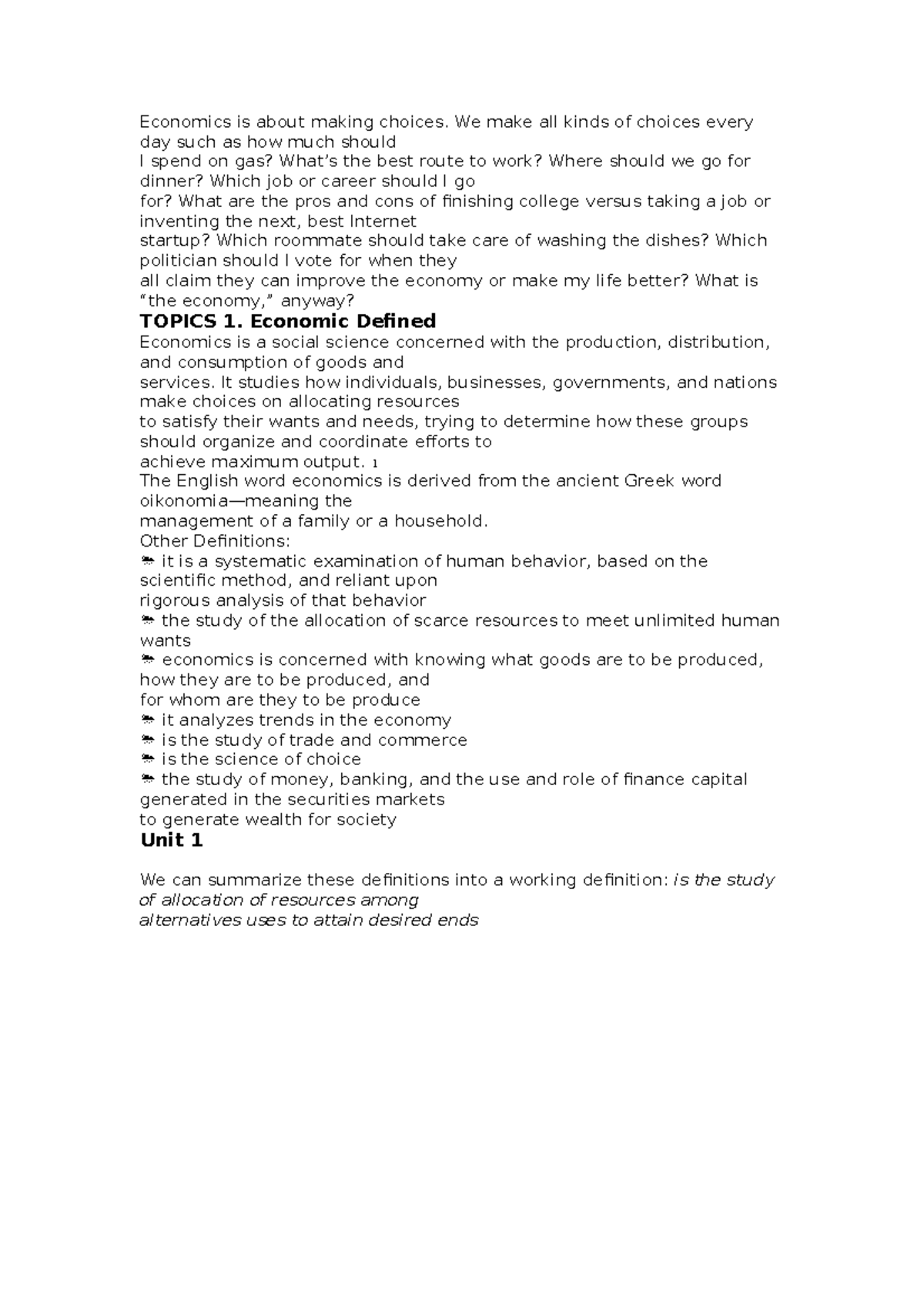 Intro TO Economics - reviewer notes - Economics is about making choices ...