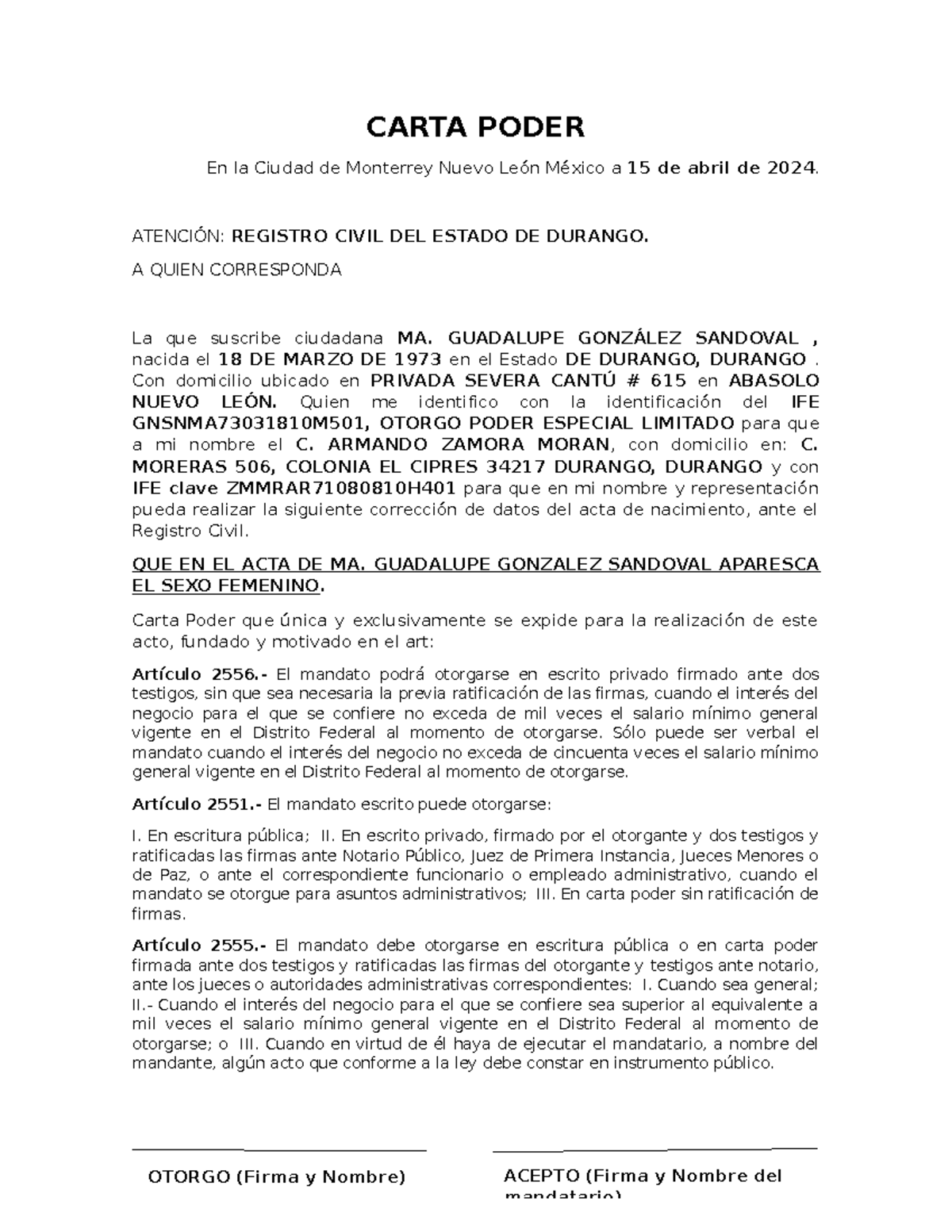 Carta Poder - CARTA PODER En la Ciudad de Monterrey Nuevo León México a ...