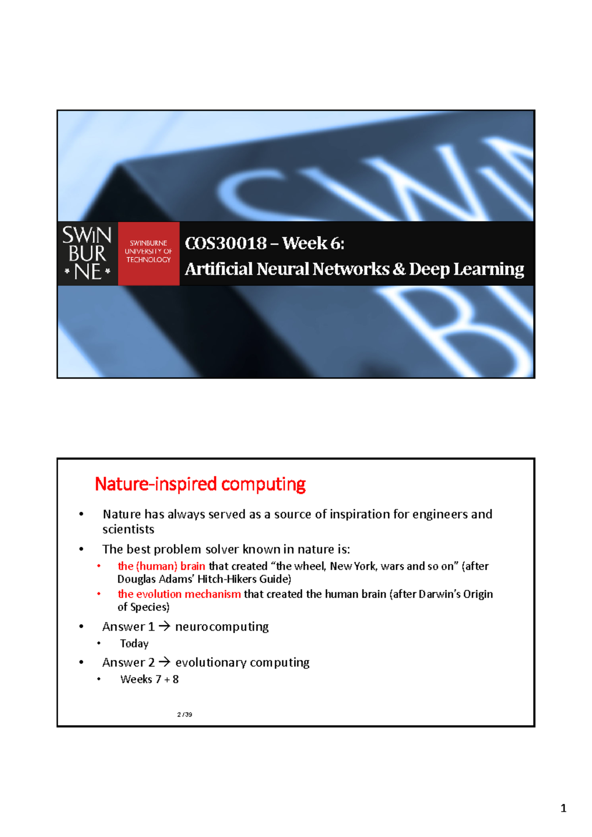 COS30018 ANN DL 2spp - Intro to AI lecture about ANN - COS30018 – Week 6: Artificial Neural ...