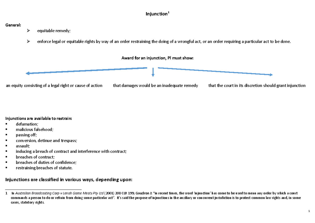 Tutorial Week 8 - Injunction Flow Chart - Injunction 1 General: equitable remedy; enforce legal ...