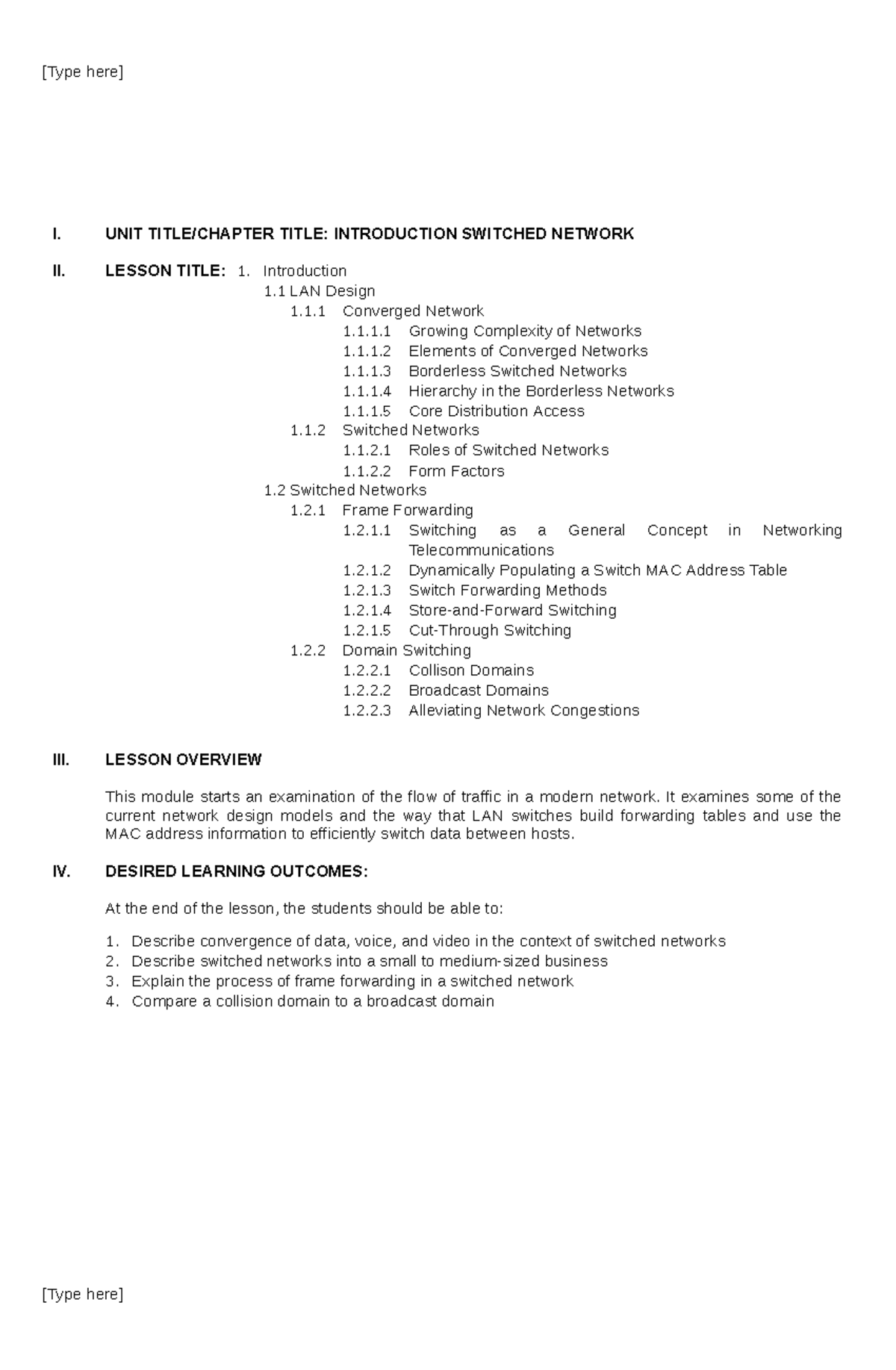 Module 1-Introduction to Switched Network - I. UNIT TITLE/CHAPTER TITLE: INTRODUCTION SWITCHED ...