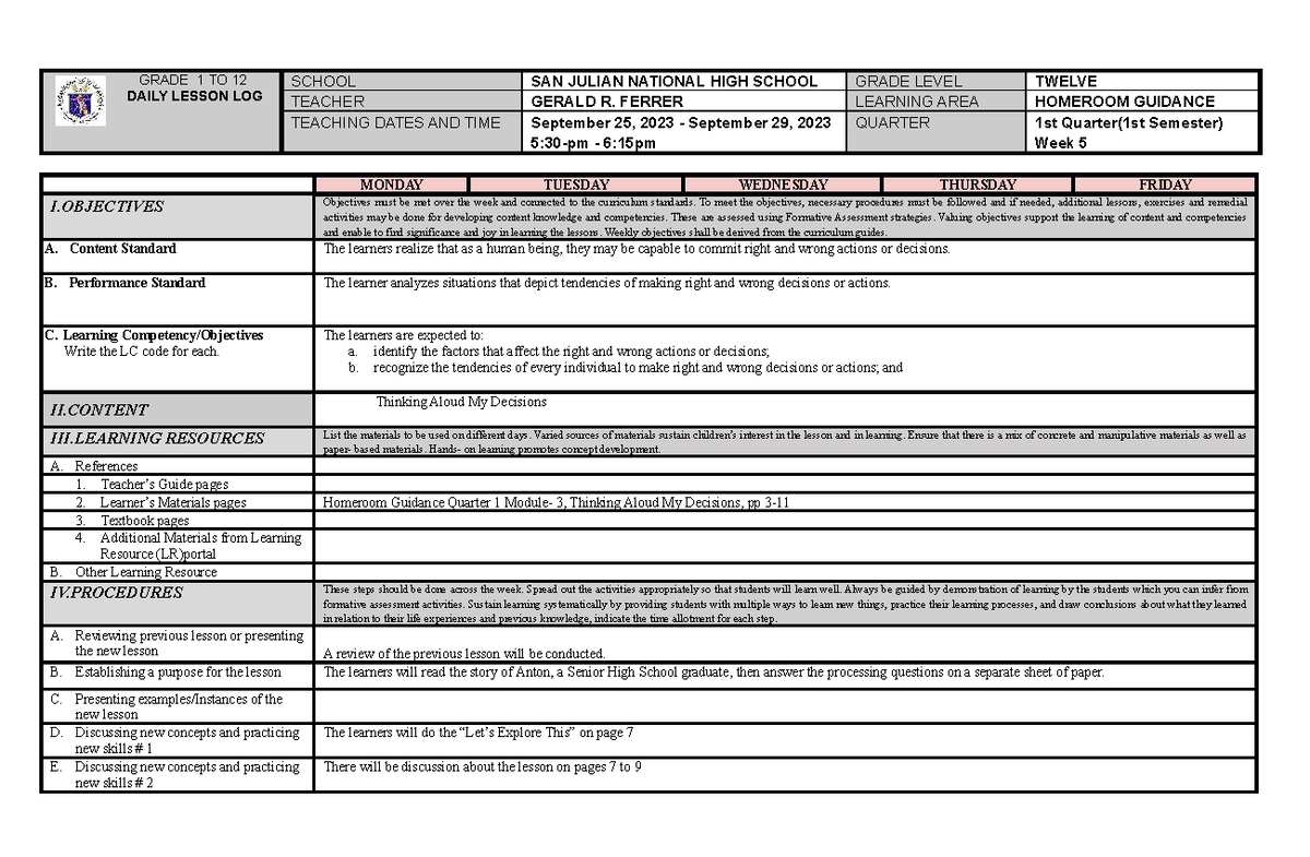 HG DLL SEPT 18-29 - CHEER DANCE - GRADE 1 TO 12 DAILY LESSON LOG SCHOOL ...
