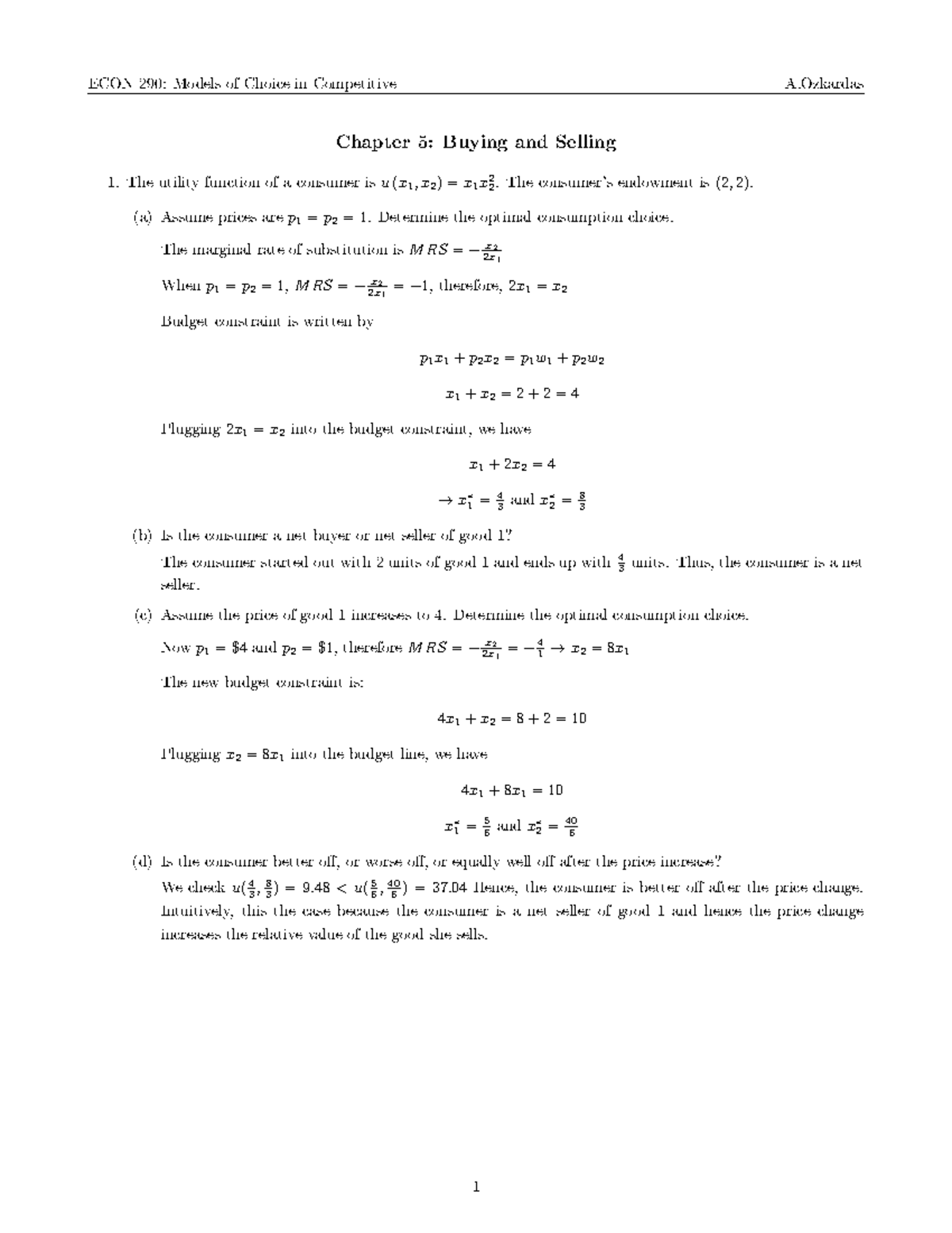 Ch5 Buying and Selling Solutions - Chapter 5: Buying and Selling The utility function of a ...