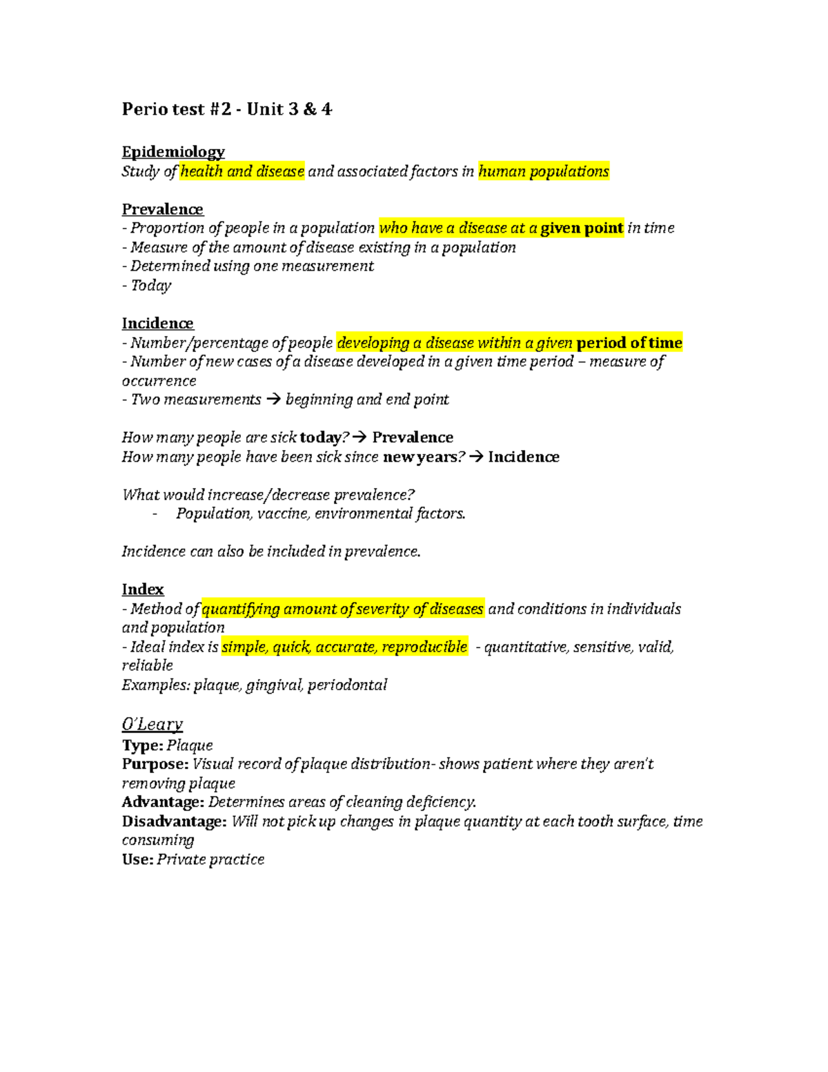 Perio#2 - DILLION - Perio test Unit 3 4 Epidemiology Study of health ...