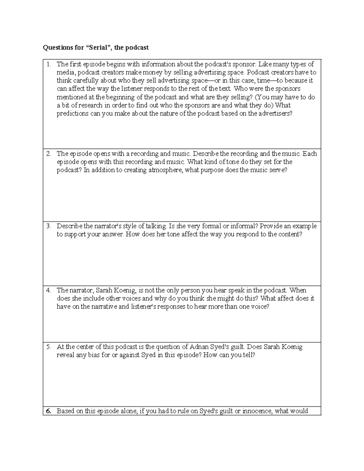 Questions for Serial - eee - Questions for “Serial”, the podcast 1. The ...