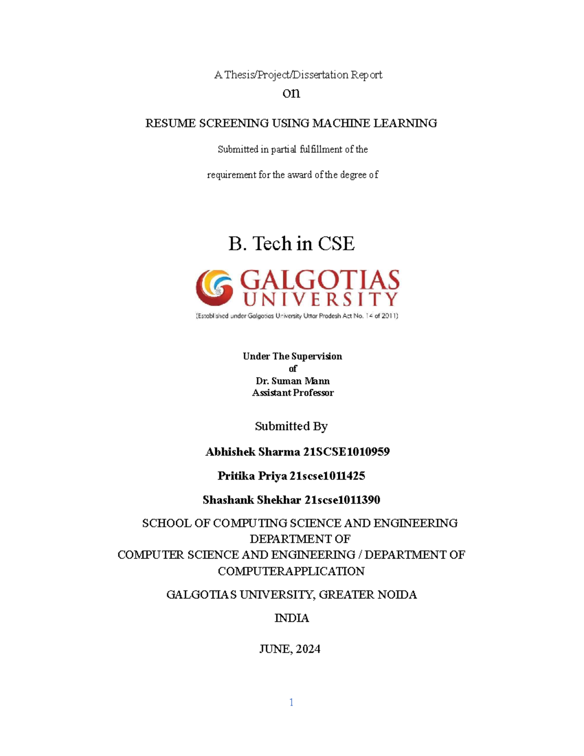 A project report on Resume screening using machine learning - A Thesis/Project/Dissertation ...