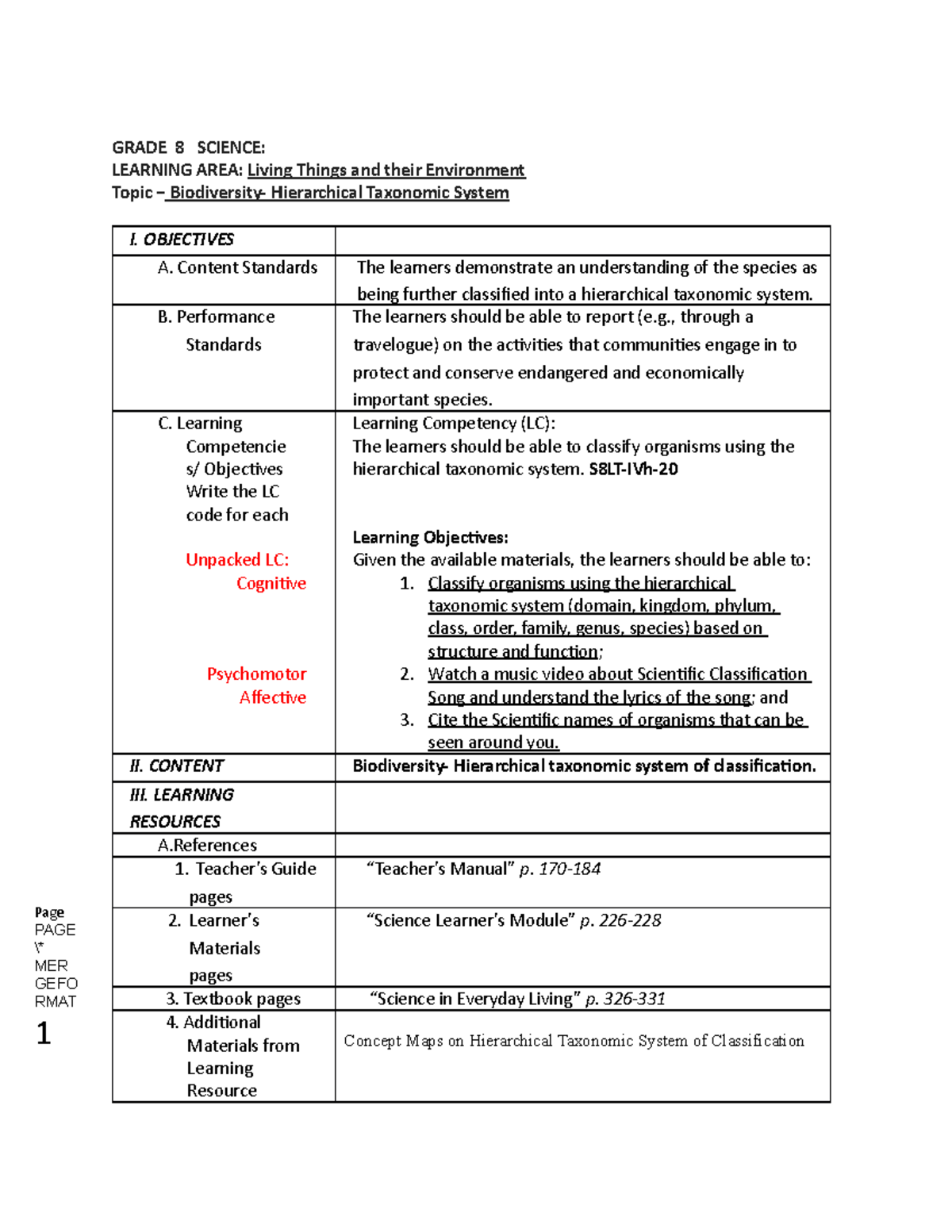Lesson PLAN Design Template - GRADE 8 SCIENCE: LEARNING AREA: Living ...