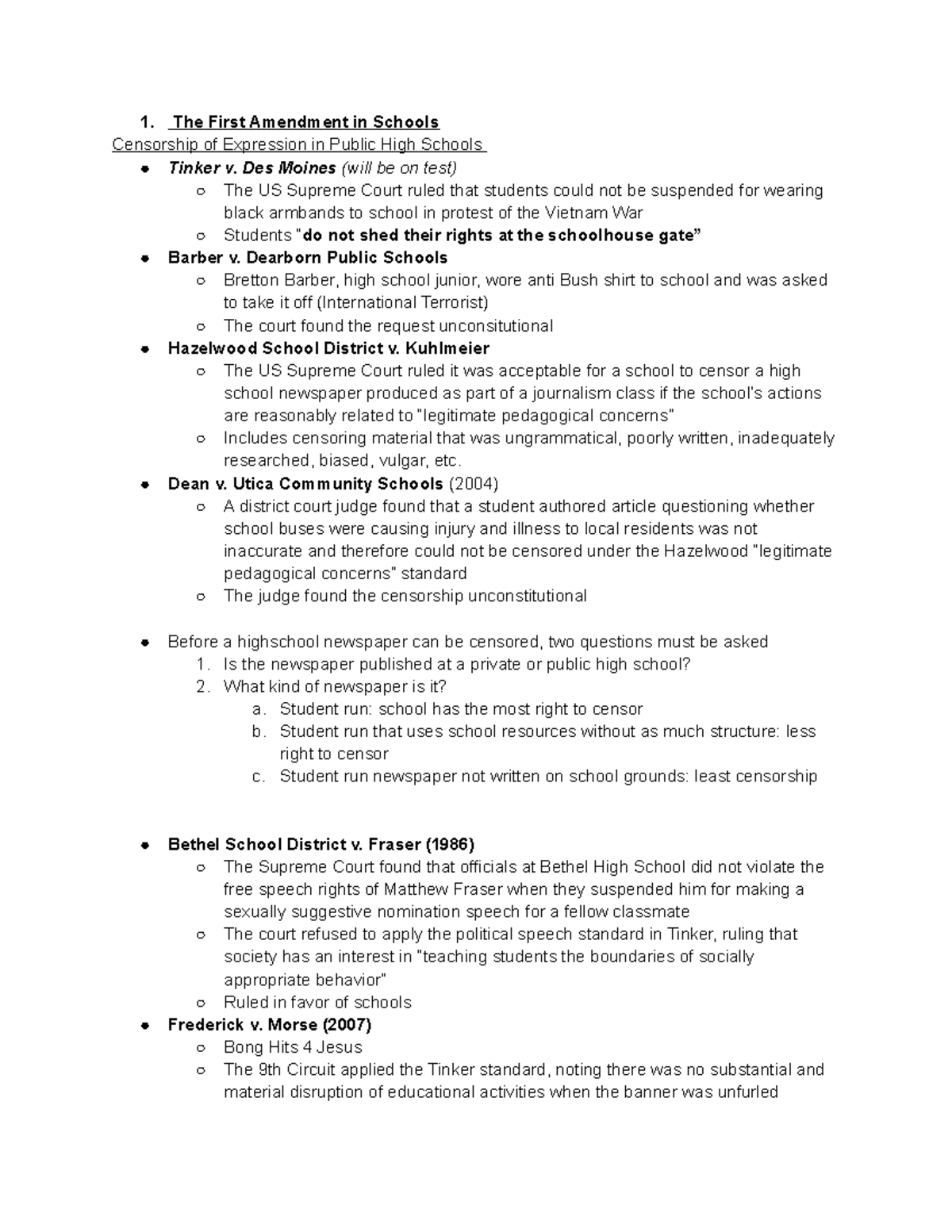 Chapter 3 - Lecture notes 3 - 1. The First Amendment in Schools ...
