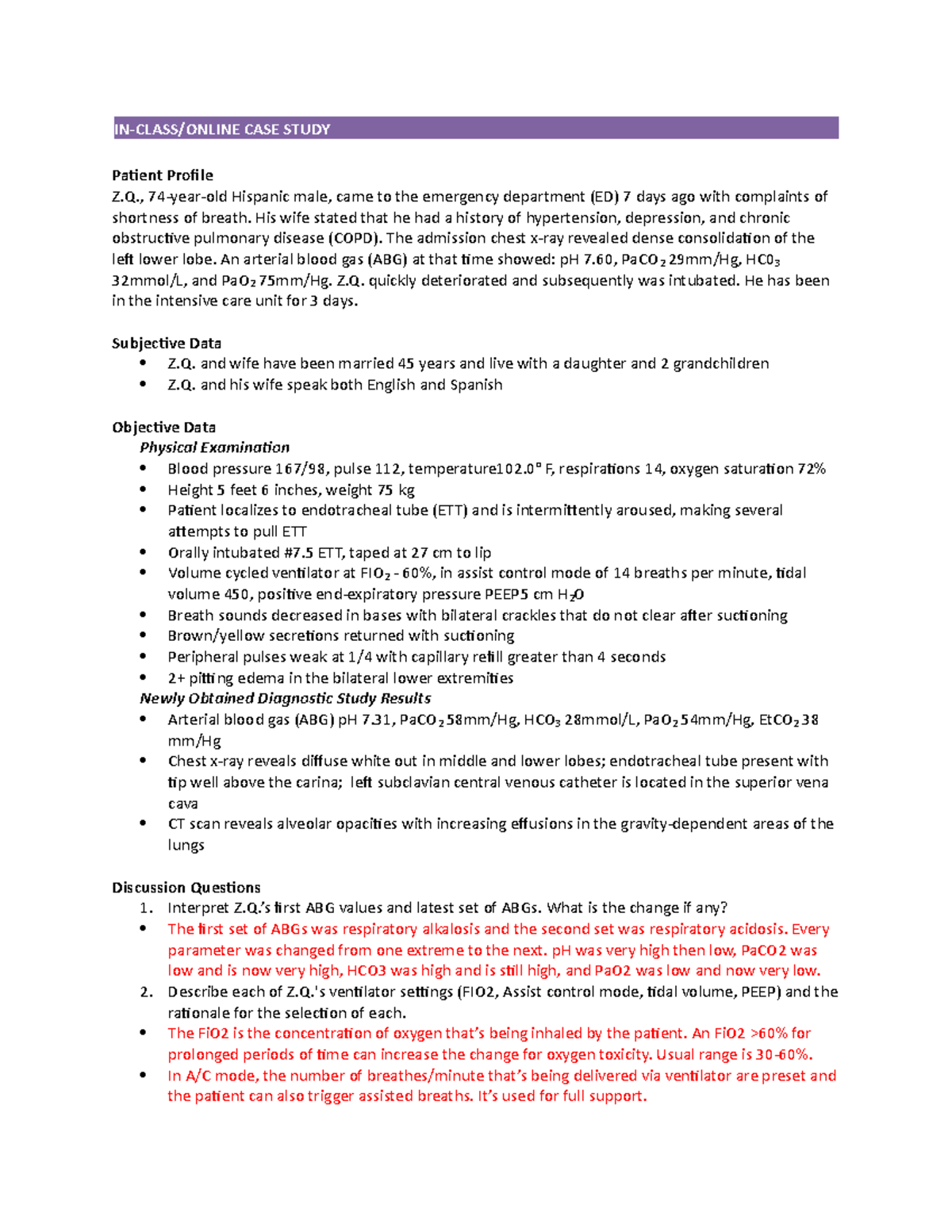 CASE Study 2 - IN-CLASS/ONLINE CASE STUDY Patient Profile Z., 74-year ...