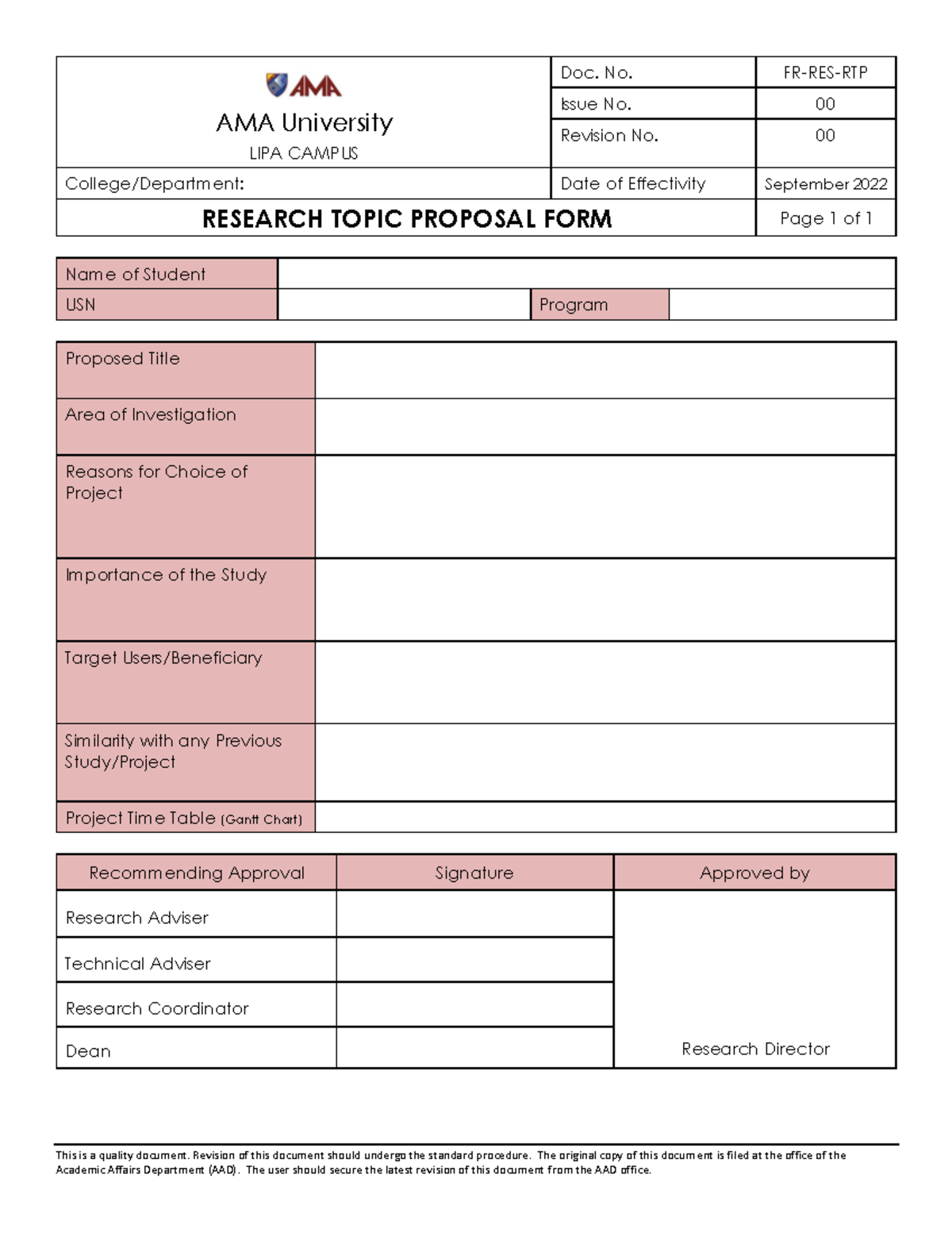 FR-RES-RTP Research Topic Proposal Form - AMA University LIPA CAMPUS ...