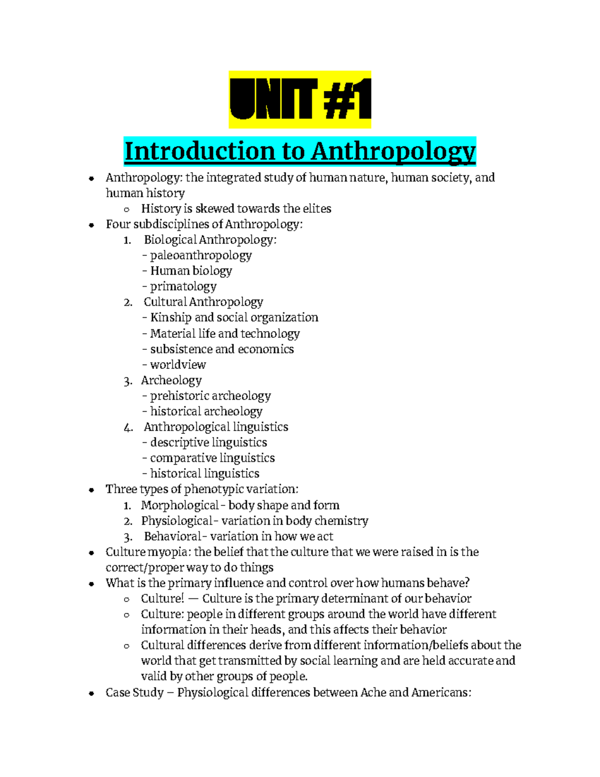 Unit 1 - Anthropology 110 with Professor Geib Chapter Topics include ...