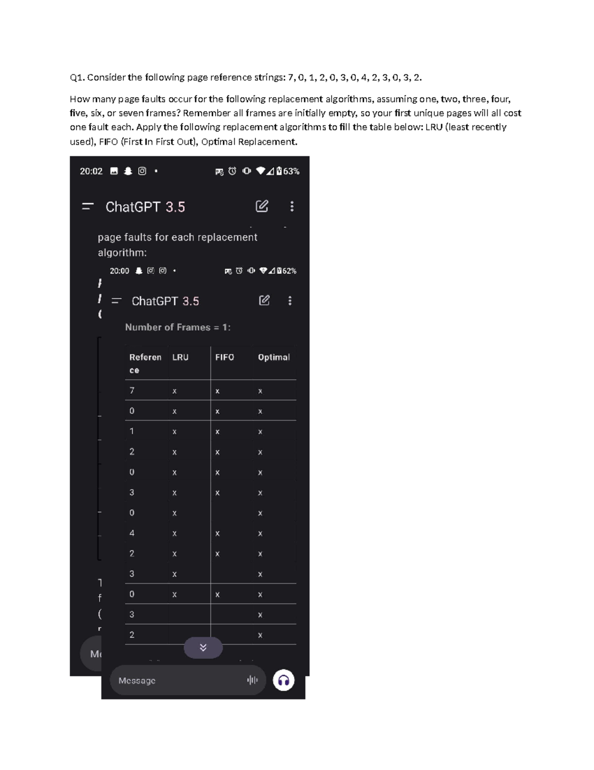 Os ass ort os 3 - Q1. Consider the following page reference strings: 7, 0, 1, 2, 0, 3, 0, 4, 2 ...