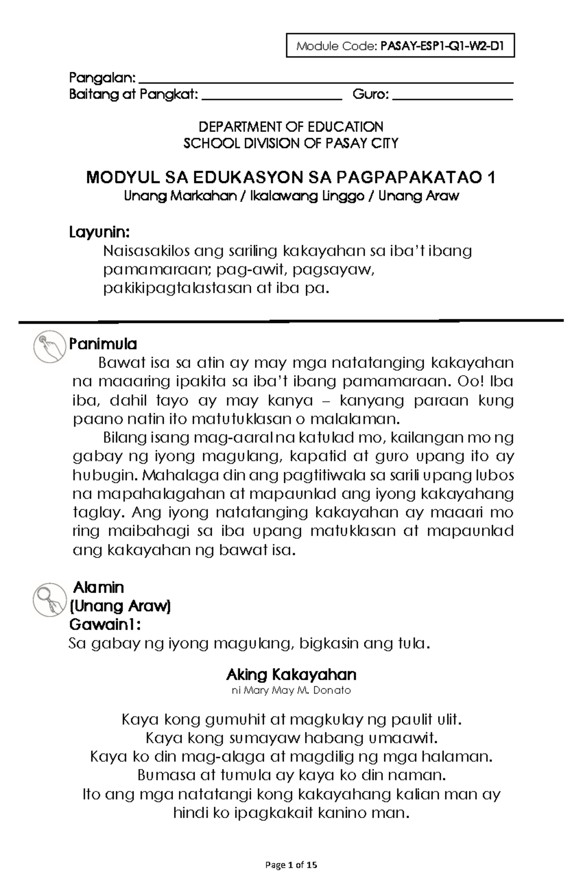 5 Es P1 Q1 W2 - esp - Pangalan: ________________________________________________________ Baitang ...