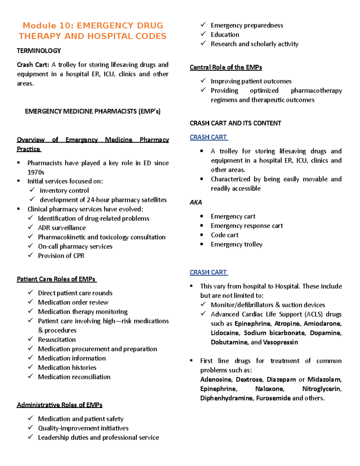 PHOS- Module-10 - Notes - Module 10: EMERGENCY DRUG THERAPY AND ...