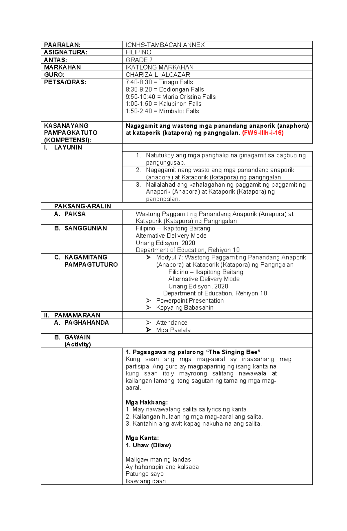 Anapora at katapora DLP - PAARALAN: ICNHS-TAMBACAN ANNEX ASIGNATURA ...