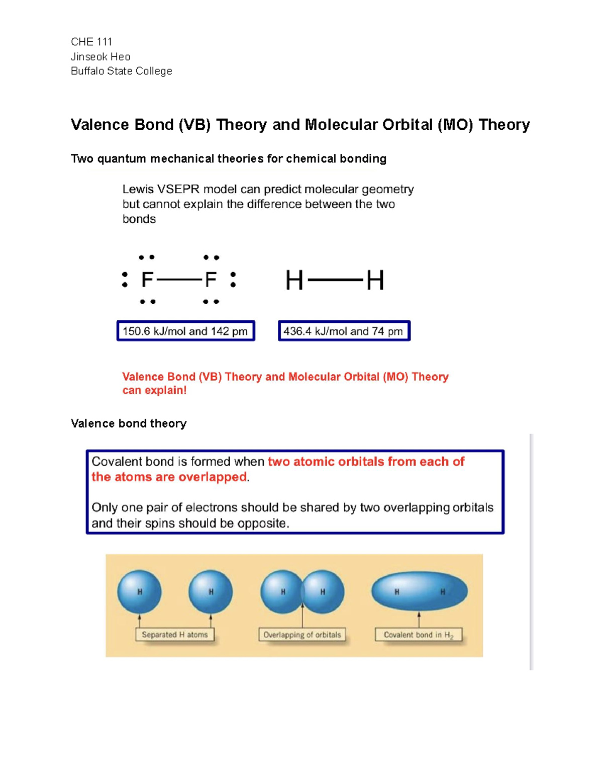 VB and MO Theory CHE 111 - Jinseok Heo - Jinseok Heo Buffalo State ...