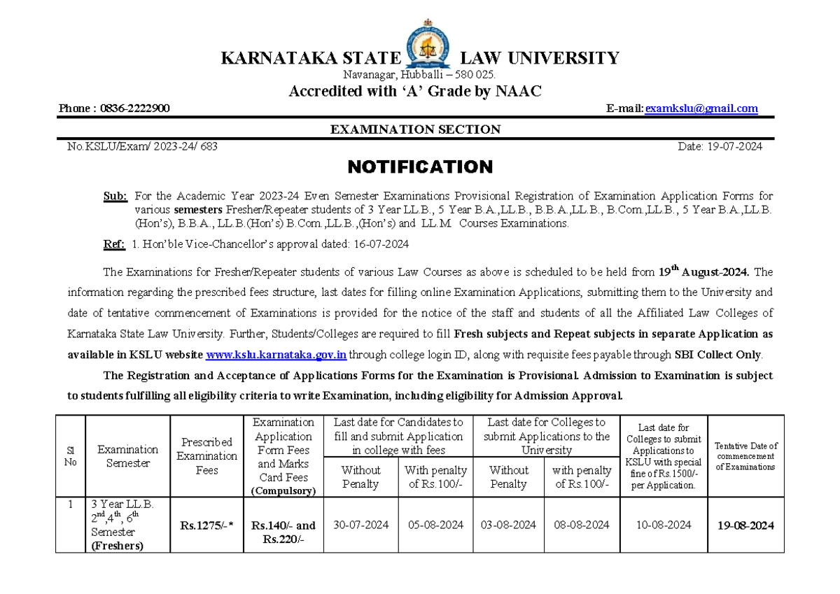 Examination Notification EVEN SEM- Copy - KARNATAKA STATE LAW ...