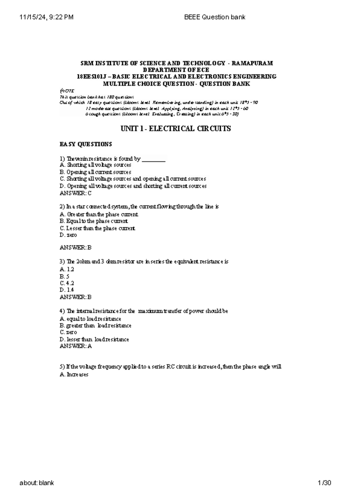 BEEE Question bank - nothing - SRM INSTITUTE OF SCIENCE AND TECHNOLOGY ...