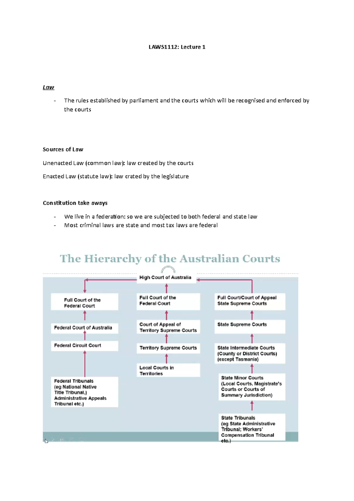 Lecture 1 - Introduction to the Law in Australia: Legal System ...