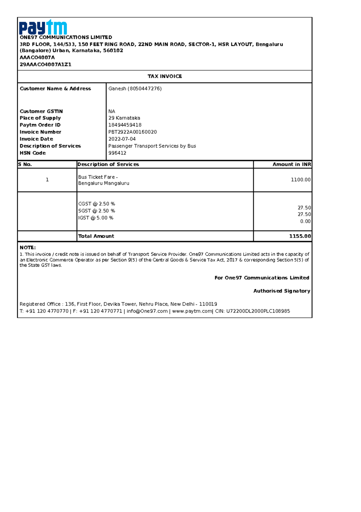 Invoice PBT2922A00160020 - ONE97 COMMUNICATIONS LIMITED 3RD FLOOR, 144/ ...